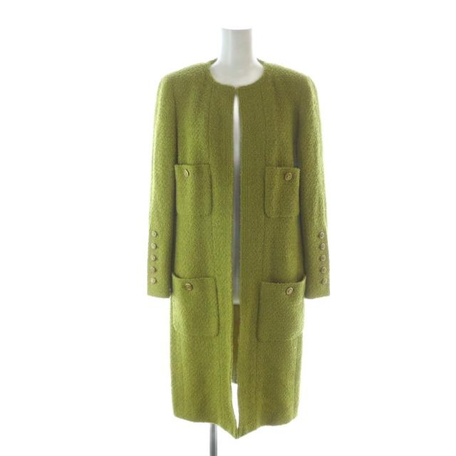 【中古】シャネル CHANEL ロングコート 前開き 金ボタン ロゴ ノーカラー 肩パッド ココマーク 総裏地 絹 シルク 38