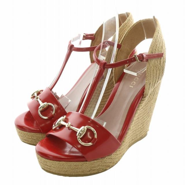 【中古】GUCCI サンダル レザー エスパドリーユ ウェッジソール ホースビット 34 21cm 赤 ベージュ 388354