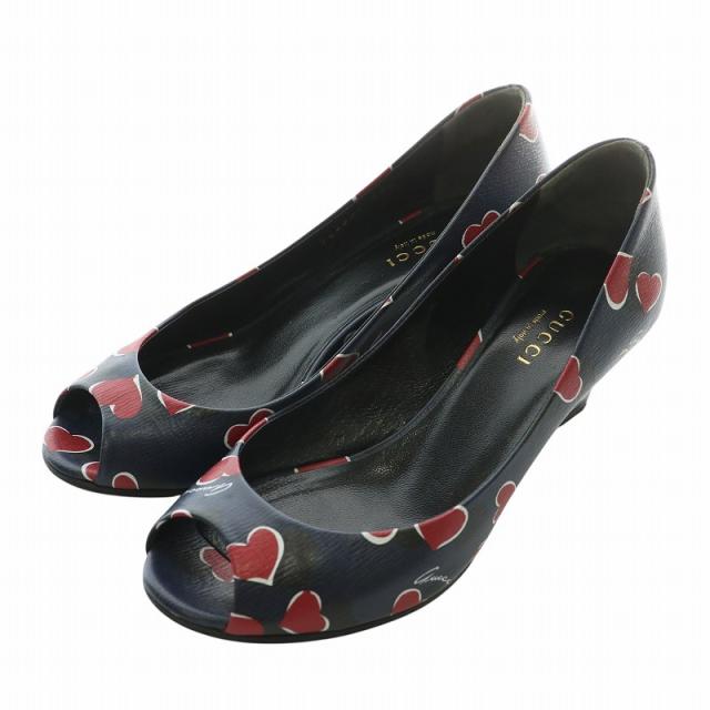 【中古】グッチ GUCCI パンプス レザー オープントゥ ウェッジソール ハート ロゴ 総柄 34.5 21.5cm 紺 赤 323535
