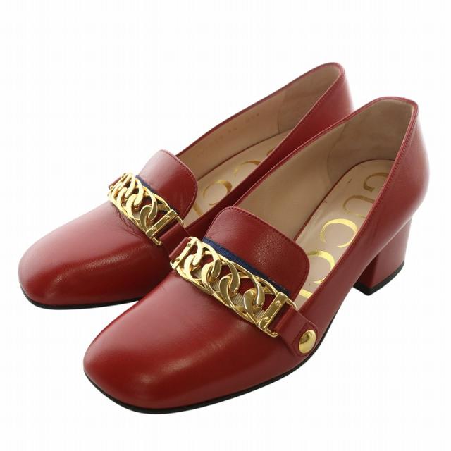 【中古】GUCCI シルヴィ パンプス レザー スクエアトゥ チャンキーヒール チェーン ゴールド金具 34 21cm 赤 537539