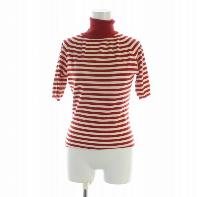 【中古】セリーヌ CELINE オールドセリーヌ ヴィンテージ ニット 半袖 ボーダー タートルネック カシミヤ S 赤 白