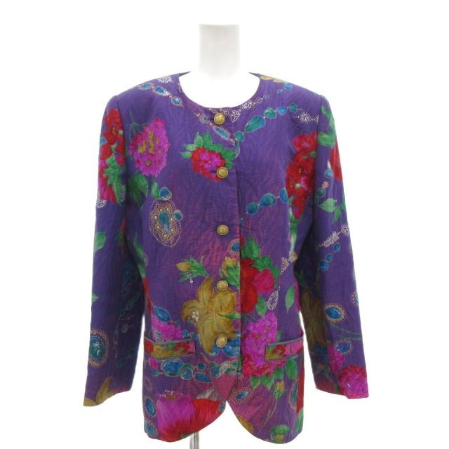 【中古】レオナール LEONARD ノーカラージャケット 花柄 金ボタン 11AR 紫 パープル /AE レディース