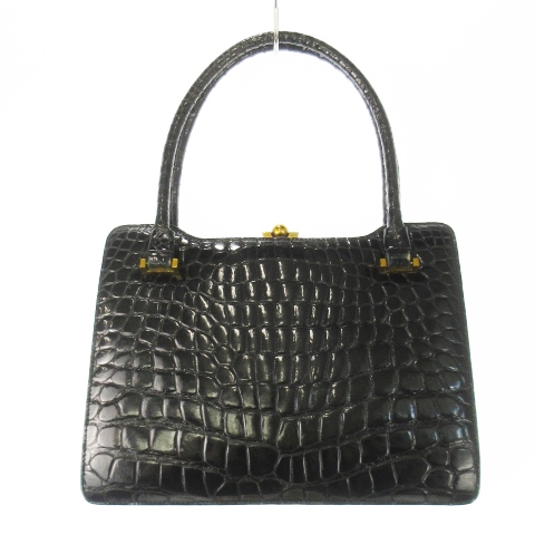 【中古】ノーブランド ハンドバッグ シャイニークロコレザー レザー 革 ワニ革 がま口 黒 ブラック /CK5 ■GY18