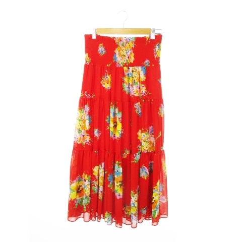 【中古】未使用品 ローレンラルフローレン ティアードスカート ロング ハイウエスト ウエストゴム シアー 花柄 S 赤