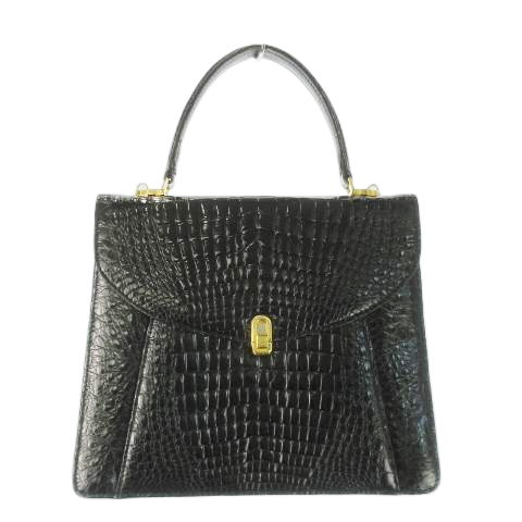 【中古】ゴンドラ GONDOLA ハンドバッグ クロコダイル シャイニークロコ ワニ革 レザー ゴールド金具 黒 ブラック