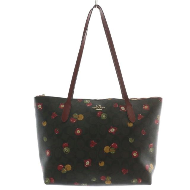 【中古】COACH トートバッグ ハンド PVC レザー シグネチャー オーナメント 総柄 ロゴ ゴールド金具 茶色 赤 C7254