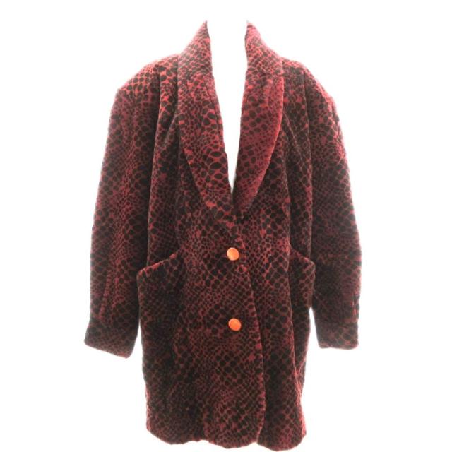 【中古】シェアード ミンクファー コート ショールカラー 総柄 アニマル 総柄 ミドル丈 F 赤 レッド レディース