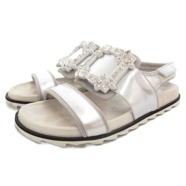 【中古】ロジェヴィヴィエ ROGER VIVIER サンダル ストラップ クリスタル ビジュー 装飾 37 24.5 シルバーカラー 銀色
