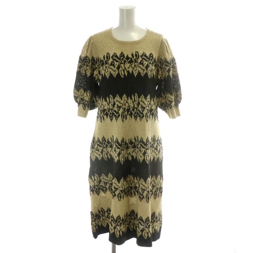 【中古】トヨコサイトウ  toyoko saito  ワンピース ロング 半袖 ラメ 総柄 パフスリーブ 金 ゴールド 黒 ブラック