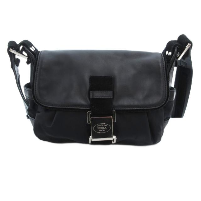【中古】フルラ FURLA ショルダーバッグ ナイロン レザー 革 ロゴ 刻印 フラップ 黒 ブラック /JS ■GY18