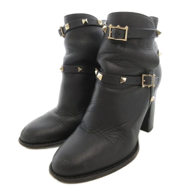 【中古】ヴァレンティノ ガラヴァーニ ショートブーツ ブーティ レザー 革 スタッズ チャンキーヒール 36.5