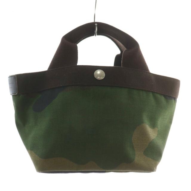 【中古】Herve Chapelier 701W トートバッグ ハンド ミニ ナイロン 舟型 迷彩柄 カモフラ 総柄 ロゴ カーキ