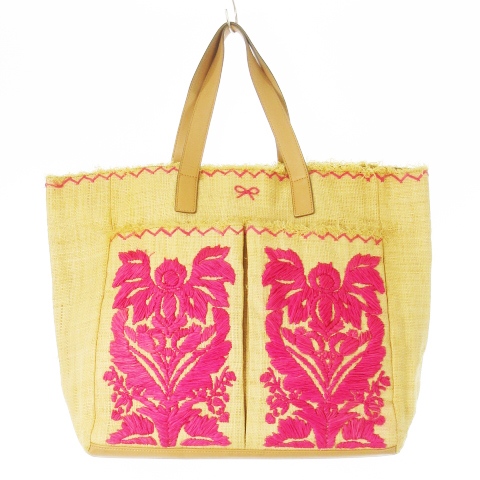 【中古】アニヤハインドマーチ ANYA HINDMARCH トートバッグ 天然素材 ストロー パイン 刺繍 ロゴ ピンク