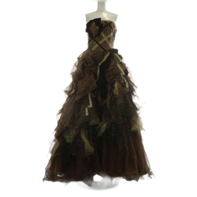 【中古】アヤナチュール ウェディングドレス Aライン ビスチェ サテン チュール ヒョウ柄 レース リボン 9TT M 茶色