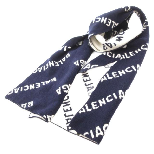 【中古】バレンシアガ BALENCIAGA ALLOVER LOGO SCARF 621020 オールオーバー ロゴ ニット マフラー 柄 紺