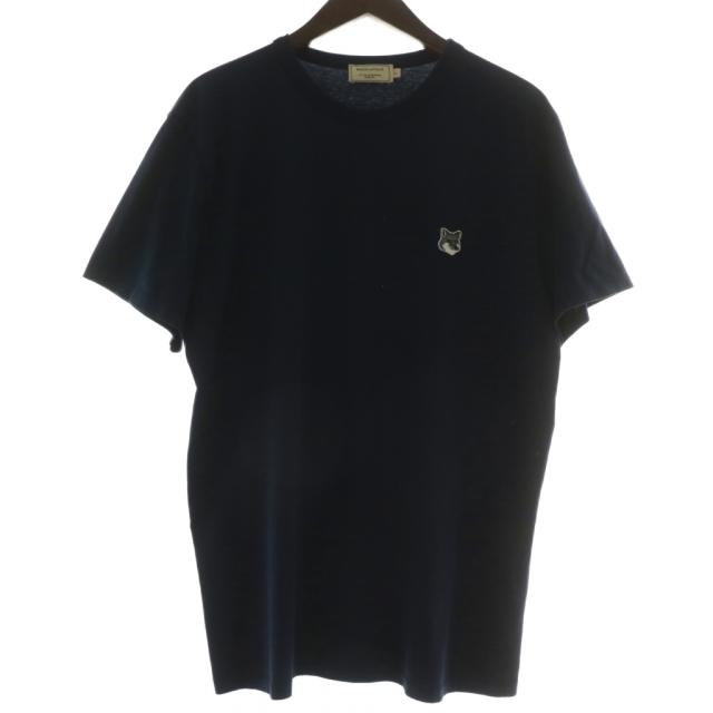 【中古】メゾンキツネ MAISON KITSUNE Tシャツ カットソー 半袖 グレーフォックスヘッドロゴ ワッペン L 紺