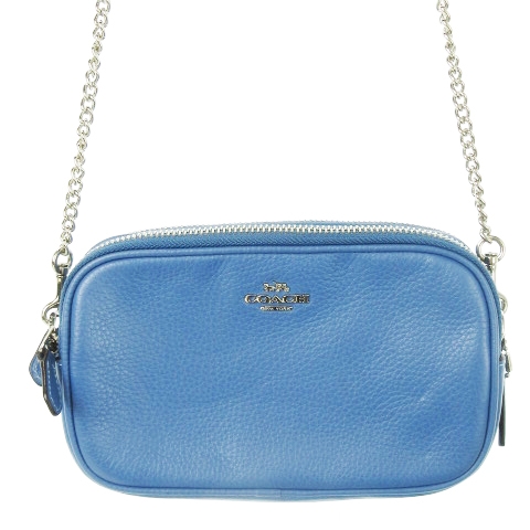 【中古】コーチ COACH ショルダーバッグ ポシェット レザー 革 ロゴ チェーンストラップ 2ルーム 青 ブルー