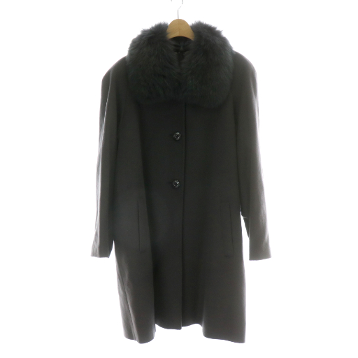 【中古】ステンカラーコート ロング アウター カシミア フォックスファー 毛皮 M-L 紫 パープル 灰 グレー