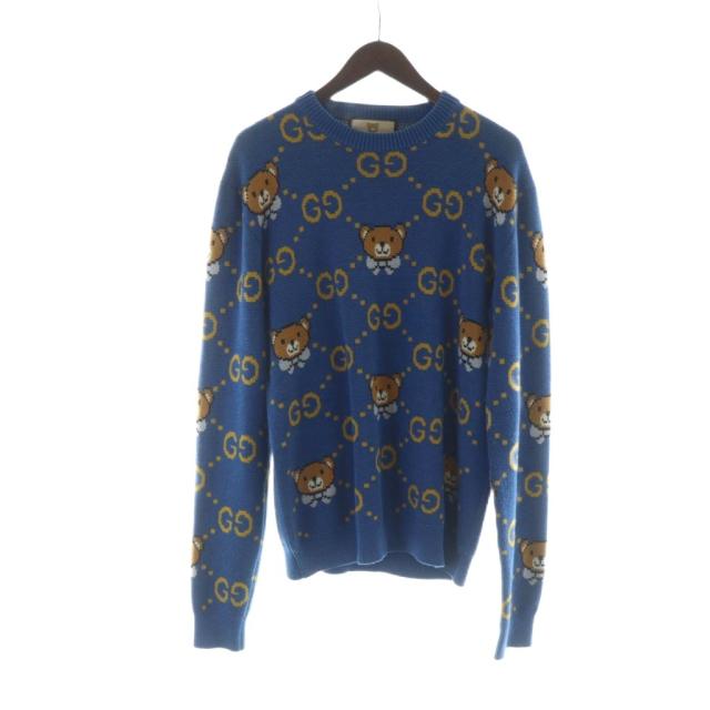 【中古】グッチ GUCCI EXO KAIコラボ ニット セーター 長袖 ロゴ GGジャガード 総柄 くま ベア XS 青 ブルー