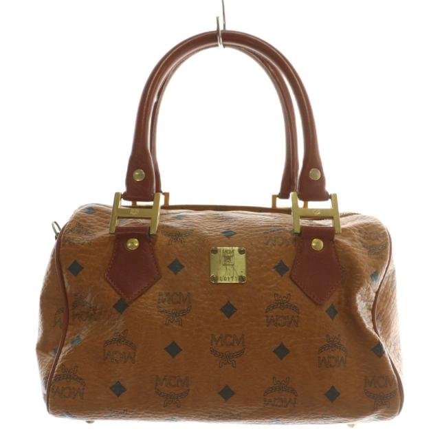 【中古】MCM ミニボストンバッグ ハンド ショルダー 2WAY レザー ヴィセトス柄 総柄 ロゴ ゴールド金具 茶色