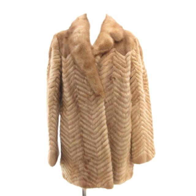 【中古】ファーコート 毛皮 ミンク ストライプ ショールカラー ミドル丈 9 ライトブラウン /JS ■GY18 レディース