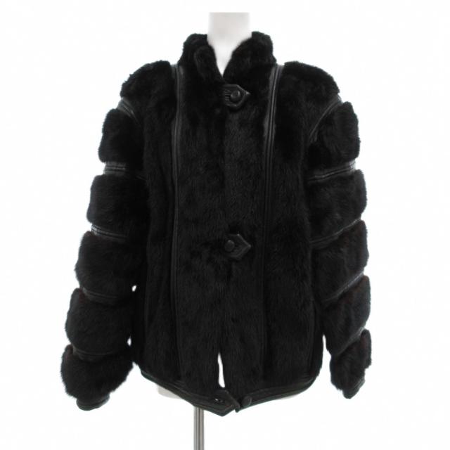 【中古】ノーブランド ミンクファー コート レザー 切替 ミドル丈 黒 ブラック /JS ■GY18 レディース