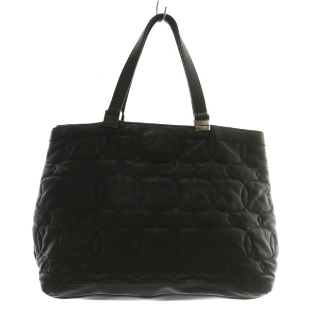 【中古】ロンシャン LONGCHAMP トートバッグ ハンド レザー キルティング 総柄 ロゴ 黒 ブラック