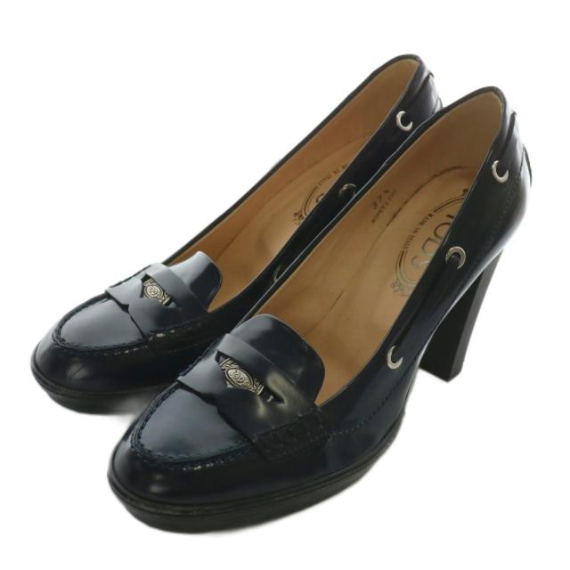 【中古】トッズ TOD'S パンプス ローファー レザー ラウンドトゥ チャンキーヒール ロゴ 37.5 24.5cm 紺