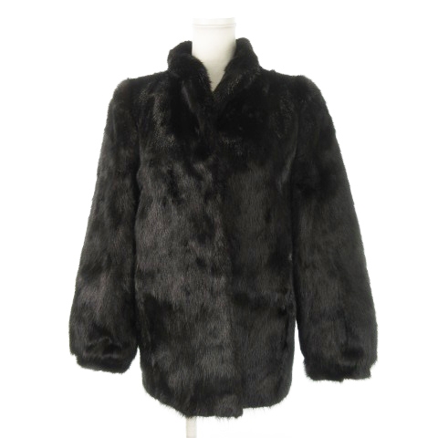 【中古】ノーブランド ファーコート ミンクファー 毛皮 スタンドカラー ミドル 11 L 黒 ブラック