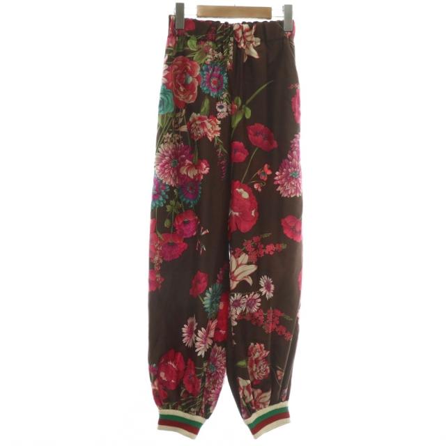 【中古】グッチ GUCCI シルク ジョガー パンツ ボトムス イージー シェリーライン フローラル 花柄 総柄 36 茶 ピンク