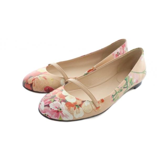 【中古】グッチ GUCCI パンプス ラウンドトゥ ストラップ 花柄 PVC ロゴ 34 21cm ピンク 411038 ■GY17 /MQ