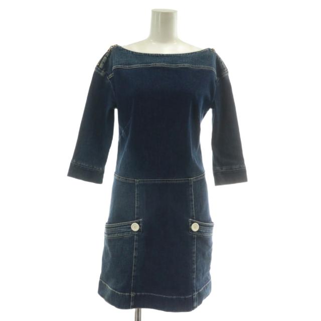 【中古】ルイヴィトン LOUIS VUITTON ワンピース デニム 七分袖 ひざ丈 ボートネック 34 XS インディゴ 紺 ネイビー