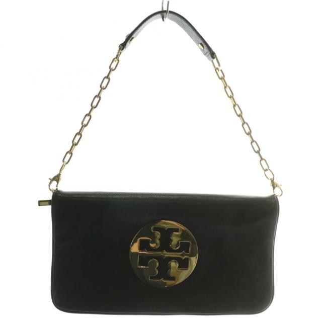 【中古】トリーバーチ TORY BURCH ハンドバッグ ワンショルダー レザー チェーン ロゴ ゴールド金具 黒 ブラック