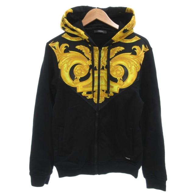 【中古】ヴェルサーチ ヴェルサーチェ VERSACE ジップアップパーカー ロゴ メデューサ フード S 黒 ブラック