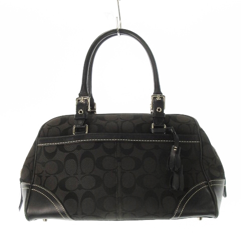 【中古】コーチ COACH ハンドバッグ ミニボストン キャンバス レザー 革 シグネチャー タッセル 黒 ブラック 8K05