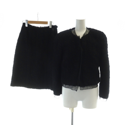 【中古】CHANEL 00T セットアップ ノーカラージャケット スカート カットソー ノースリーブ チュール レース 40 36 黒