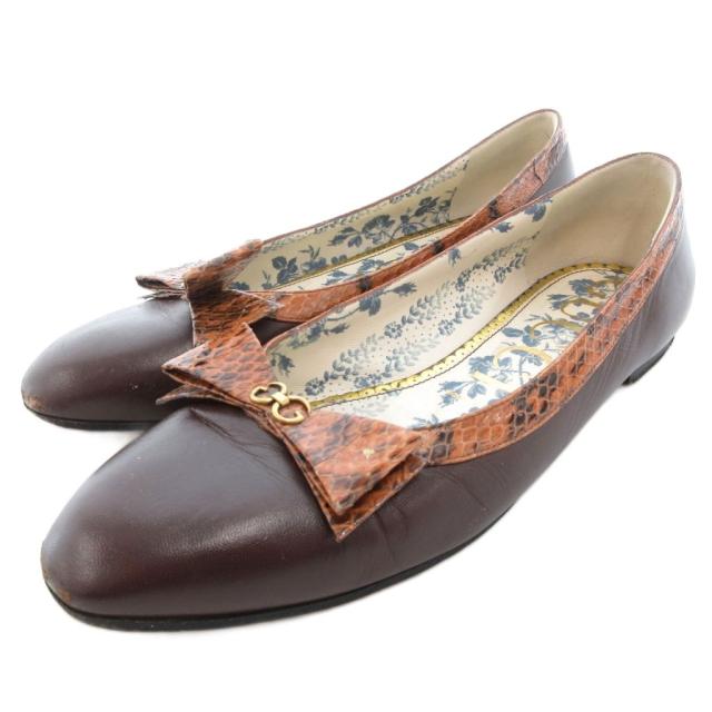【中古】グッチ GUCCI フラットパンプス バレエシューズ レザー ロゴ リボン 39 25.5cm 茶 ブラウン /JS ■GY11