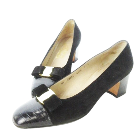 【中古】サルヴァトーレフェラガモ Salvatore Ferragamo パンプス スクエアトゥ 型押しレザー スエード ヴァラ 7 黒