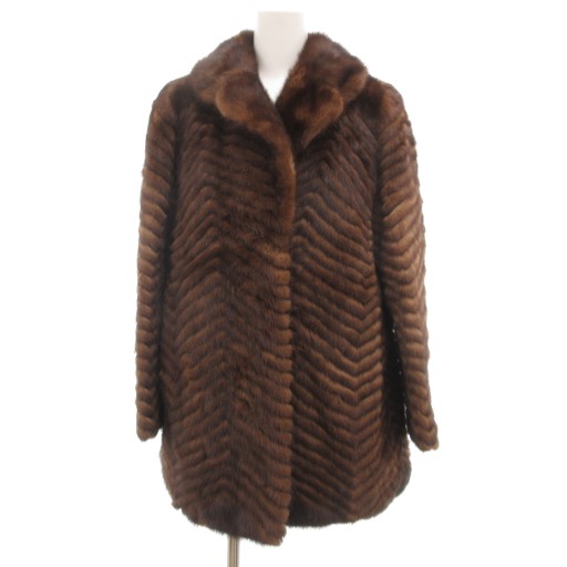 【中古】ファーコート 毛皮 ミンク ストライプ ミドル丈 茶 ブラウン /JS ■GY18 レディース