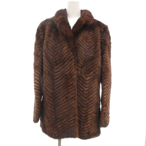 【中古】ファーコート 毛皮 ミンク ストライプ ミドル丈 茶 ブラウン /JS ■GY18 レディース