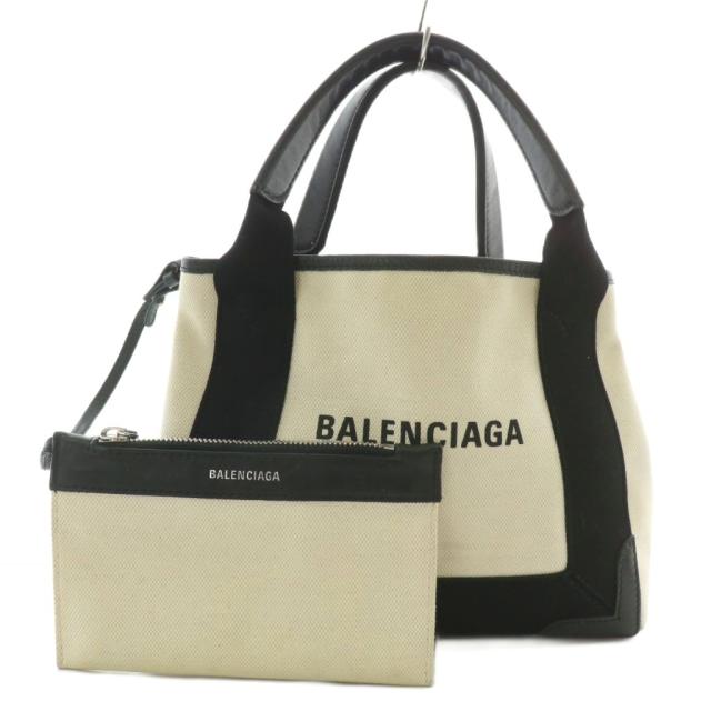 【中古】BALENCIAGA NAVY CABAS ハンドバッグ トート ショルダー 2WAY キャンバス ポーチ付き ロゴ ベージュ 黒