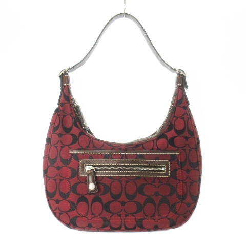 【中古】コーチ COACH ショルダーバッグ ワンショルダー キャンバス レザー 革 シグネチャー 赤 レッド 6045
