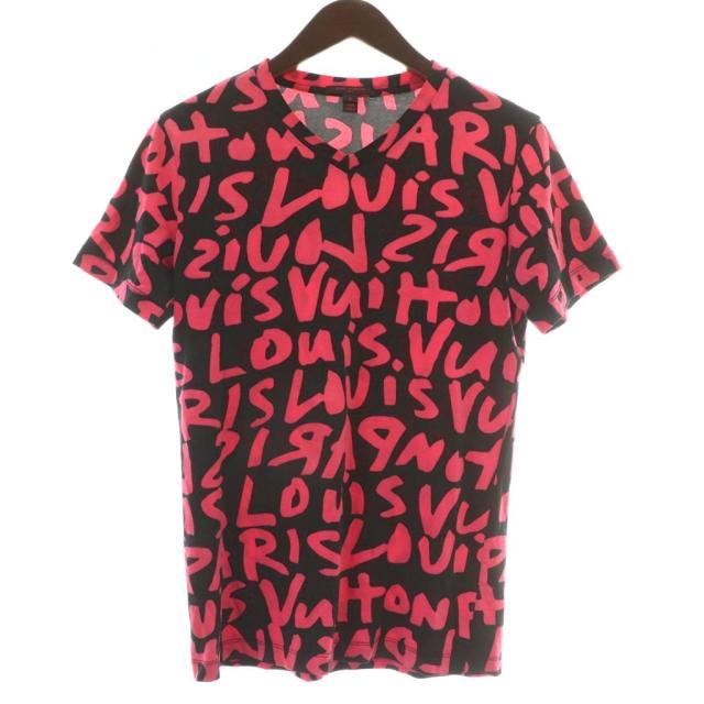 【中古】LOUIS VUITTON Tシャツ カットソー 半袖 Vネック グラフィック 総柄 S 黒 ピンク RW091T WOTS09JES