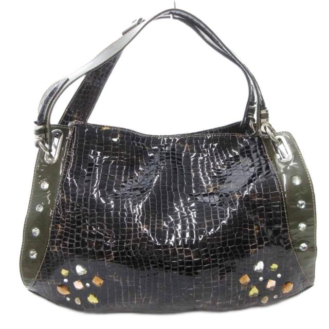 【中古】ミケランジェロ Michelangelo トートバッグ ハンドバッグ ビジュー クロコ型押し 黒 ブラック /AE ■GY18