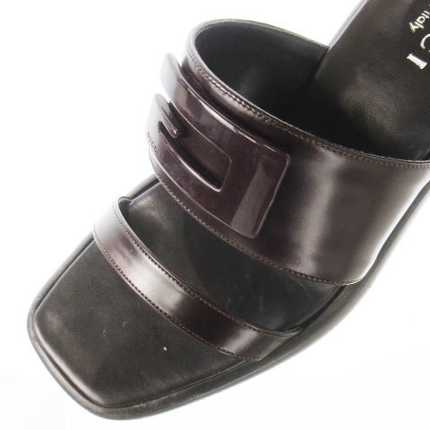 【中古】グッチ GUCCI ミュール サンダル レザー 革 スクエアトゥ ミドルヒール Gロゴ 6.5 23.5cm マルーン
