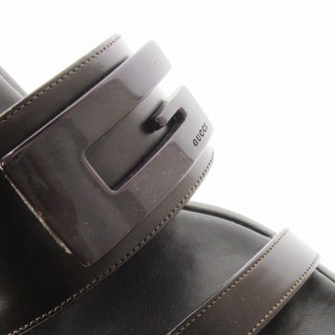 【中古】グッチ GUCCI ミュール サンダル レザー 革 スクエアトゥ ミドルヒール Gロゴ 6.5 23.5cm マルーン