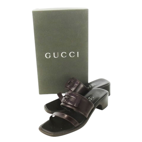【中古】グッチ GUCCI ミュール サンダル レザー 革 スクエアトゥ ミドルヒール Gロゴ 6.5 23.5cm マルーン