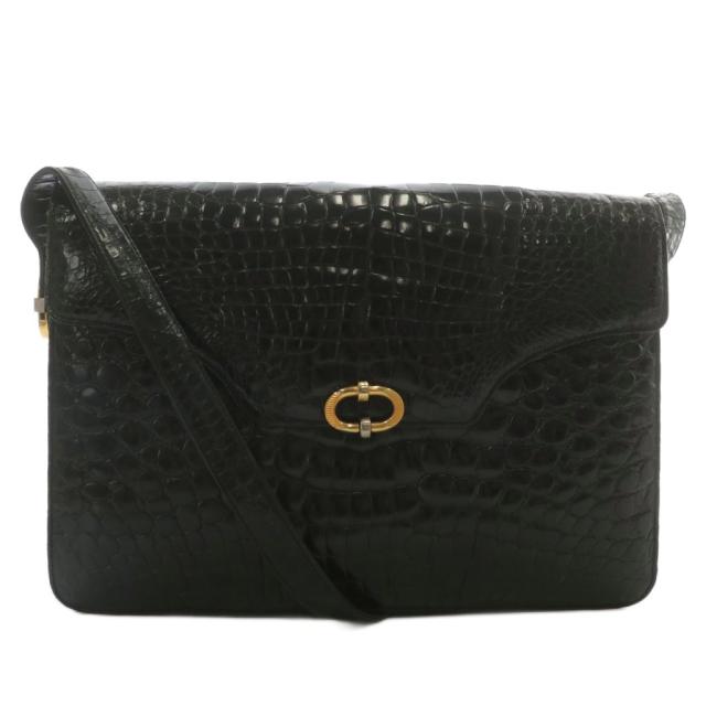 【中古】カイヨウ KAIYO ショルダーバッグ クロコダイル ワニ革 レザー シャイニング ゴールド金具 黒 ブラック
