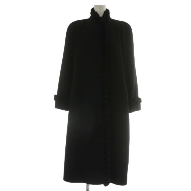 【中古】ノーブランド ロングコート アウター アンゴラ ウール混 ファー レッキスラビット 肩パッド 比翼ボタン M 黒