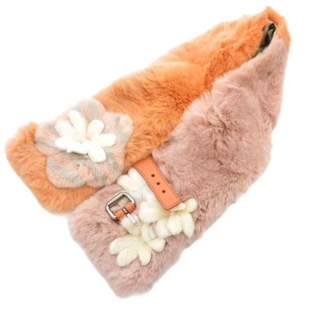 【中古】フェンディ FENDI ティペット ストール オリラグ ラビットファー ミンク フラワーモチーフ ピンク オレンジ